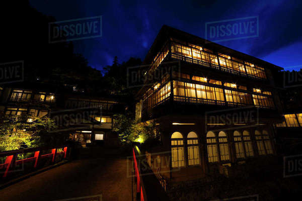 An old fashioned architecture in Nakanojo Gunma at night wide shot ...