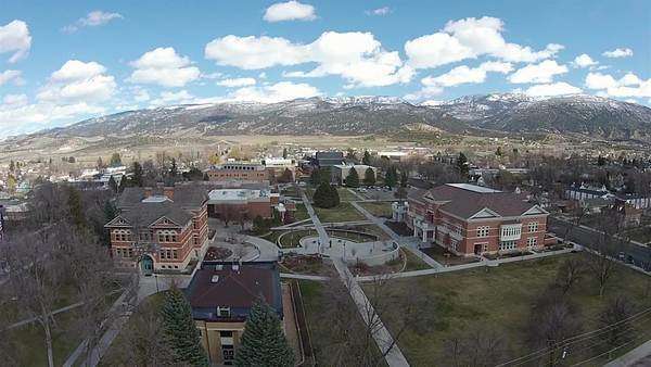 Aerial Snow College campus Ephraim Utah. Airborne view of central Utah ...