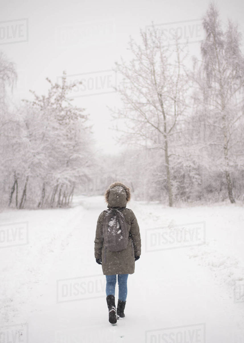 Back view of woman walking in snow - Stock Photo - Dissolve