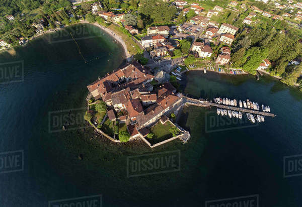 Aerial view of ancient village, Lierna Castle, Lake Como, Lombardy ...