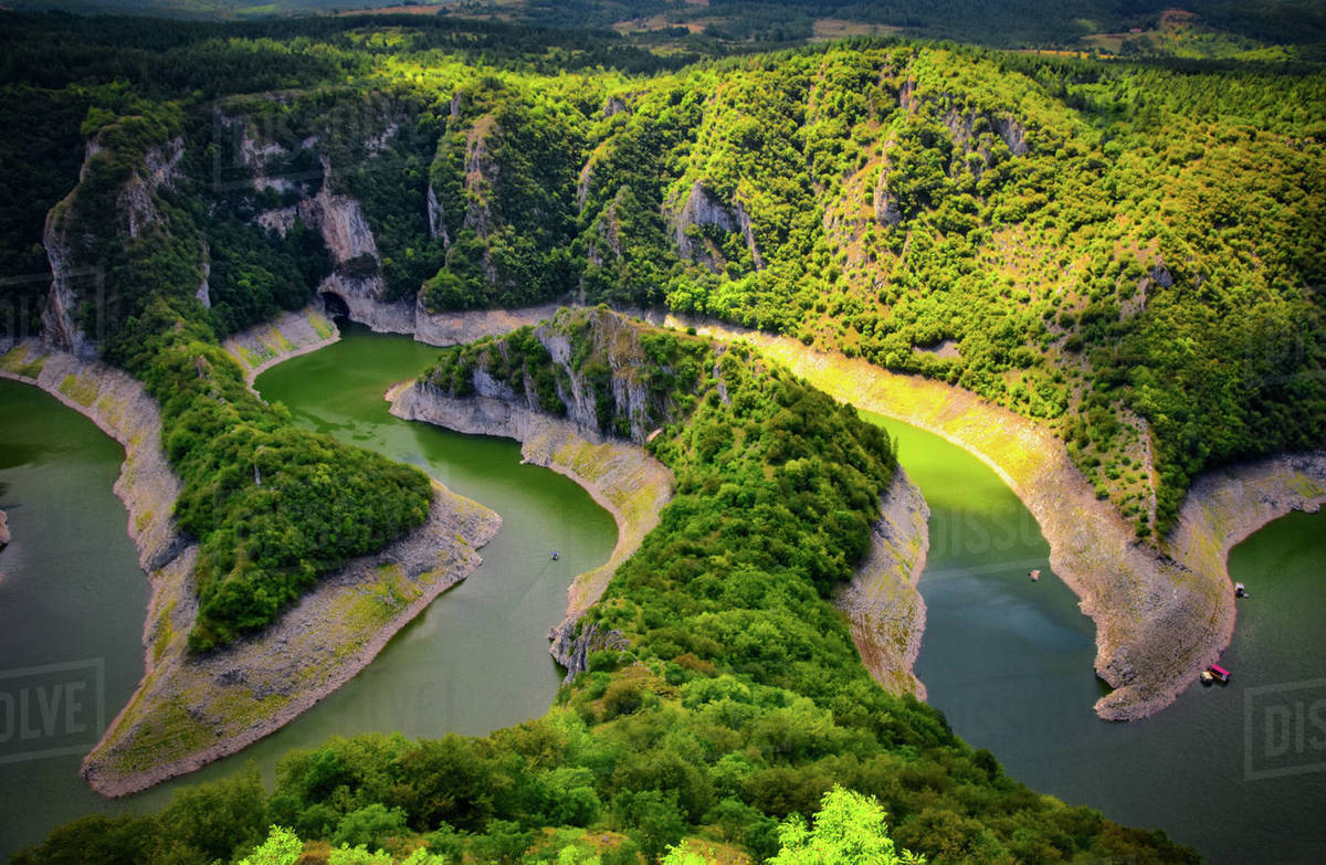 Aerial view of Uvac river winding through Uvac Canyon, Uvac Nature ...