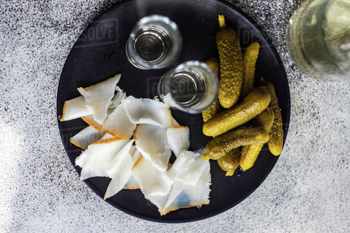 Overhead view of a plate of traditional Ukrainian cured pork fat (salo ...