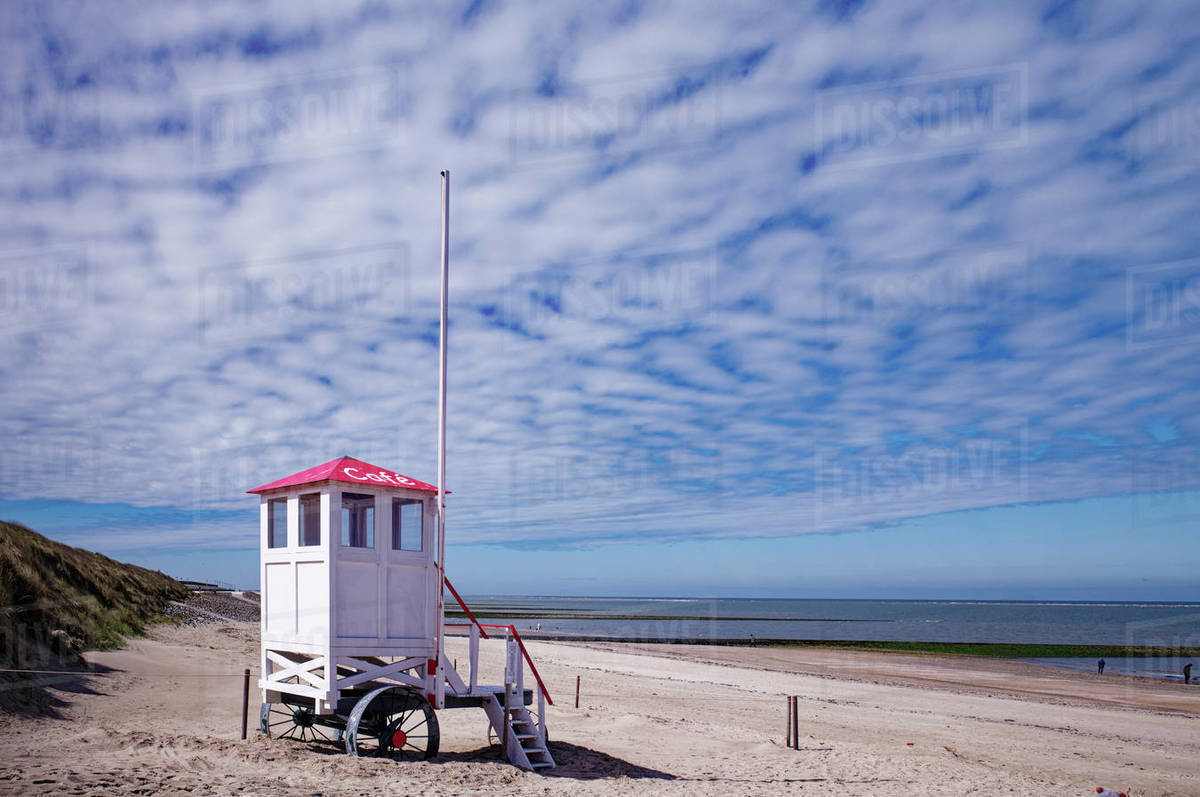 Cafe in a traditional bathing wagon on the beach, Baltrum, East Frisia ...
