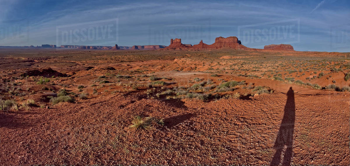 Shadow of a man in Monument Valley seen from Redlands Overlook, Utah ...