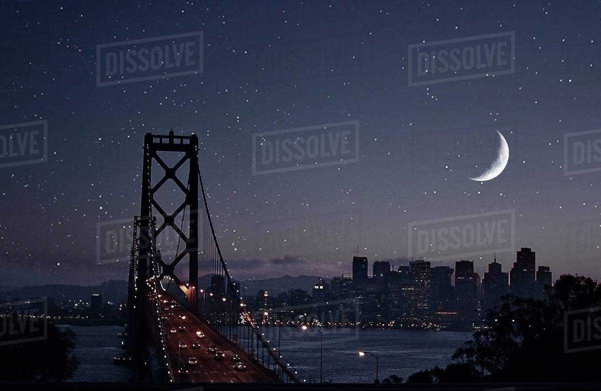 Crescent Moon over Bay Bridge and City Skyline at night, San Francisco ...
