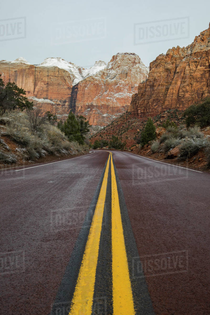 Straight road through Zion National Park, Utah, USA - Stock Photo ...