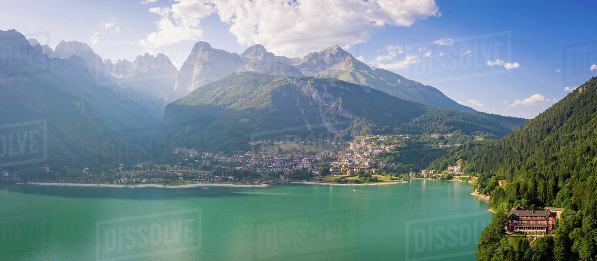 Aerial view of Molveno lake, Molveno, Trentino, Trento, Italy - Royalty ...