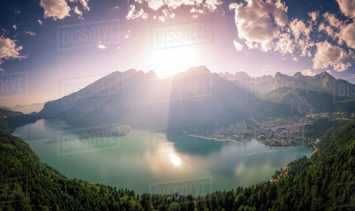 Aerial view of Molveno lake, Molveno, Trentino, Trento, Italy - Royalty ...