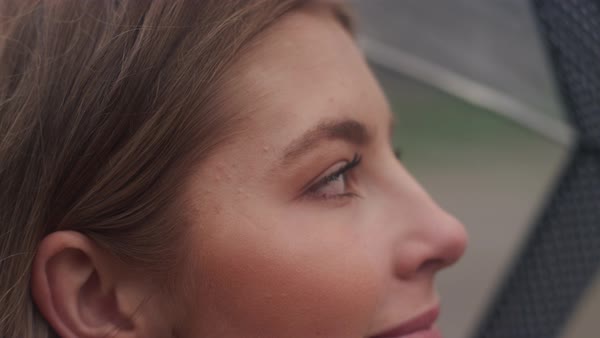 Close-up on the eyes of a beautiful young woman, smiling and looking up ...