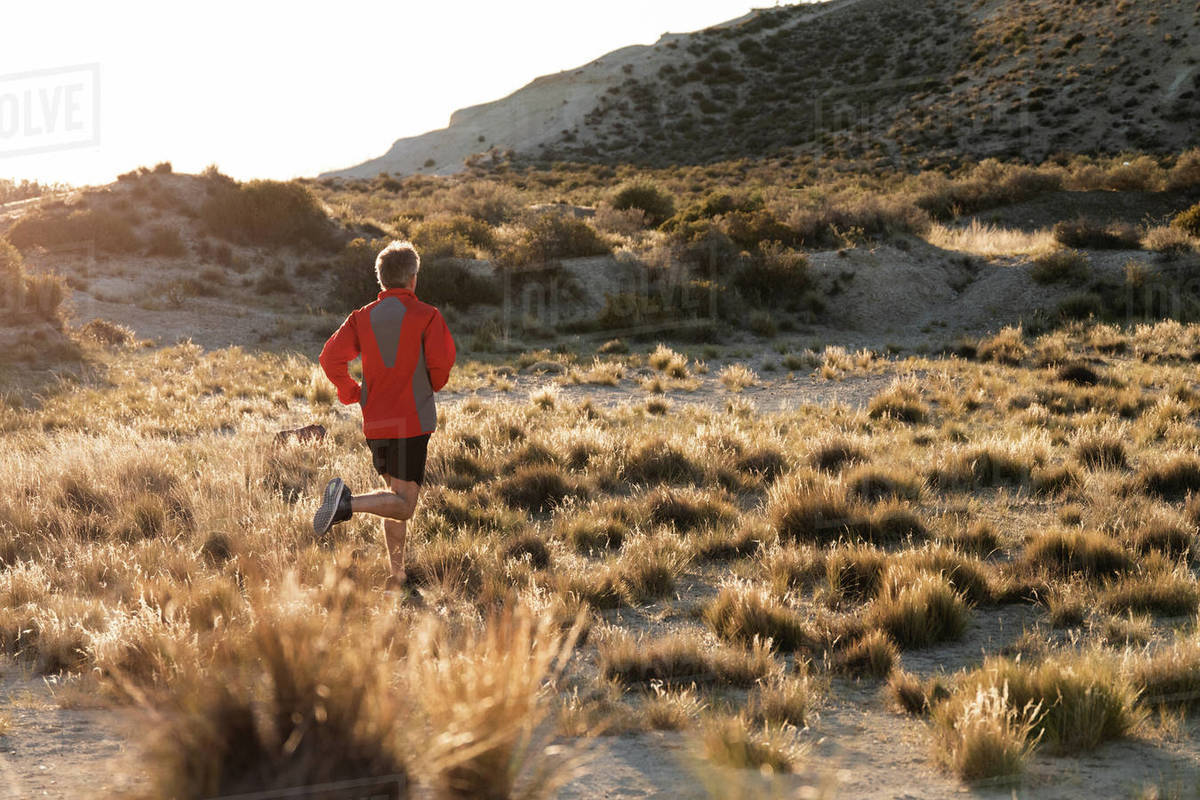 Back view of unrecognizable active male jogger running uphill in sandy ...