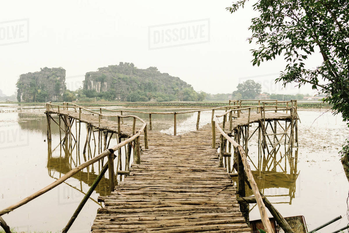 From above of wooden forked bridge on calm lake among green trees with ...