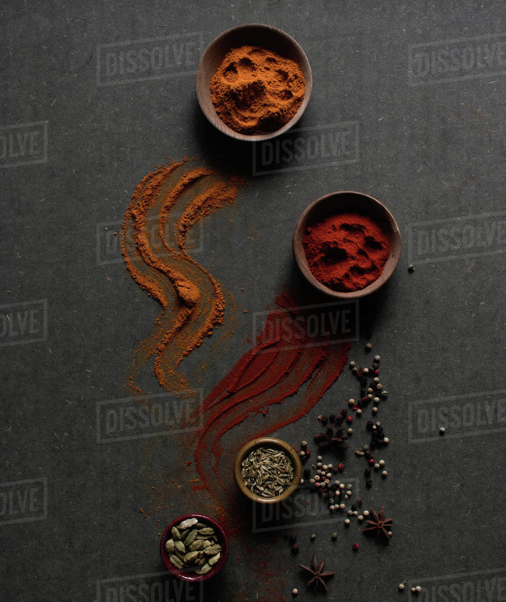 Top view composition with different kinds of natural aromatic spices ...