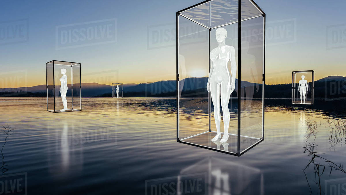 Humans protected and isolated from the outside in a glass box. Social ...