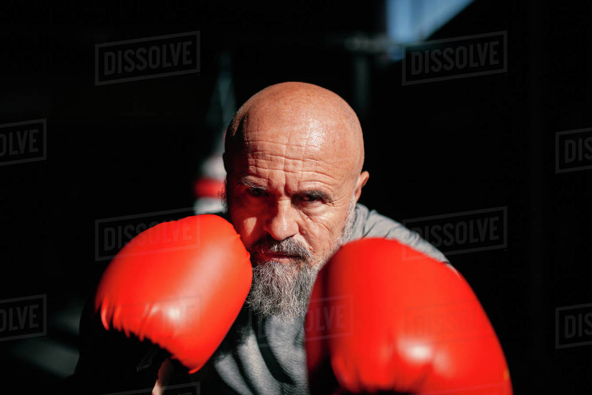 Portrait of powerful serious adult mature male boxer in red gloves ...