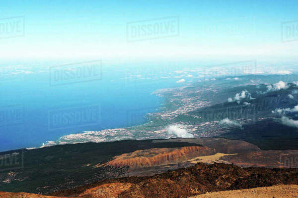 Aerial view of seaside and wild area beside volcano located on island ...