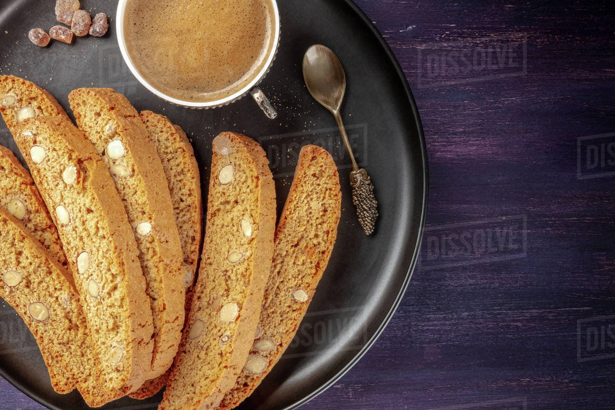 Biscotti, traditional Italian almond biscuits, with a cup of coffee ...