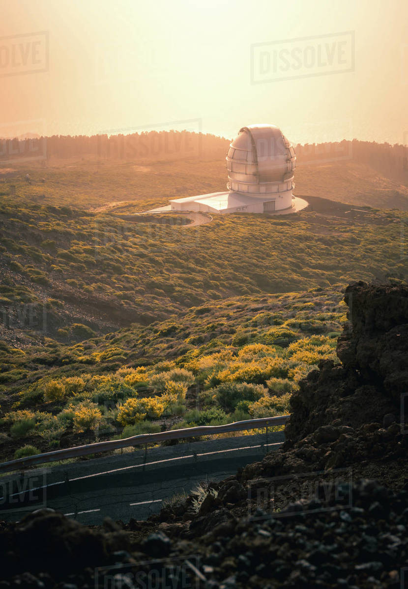 High angle of breathtaking landscape with observatory located on hill ...