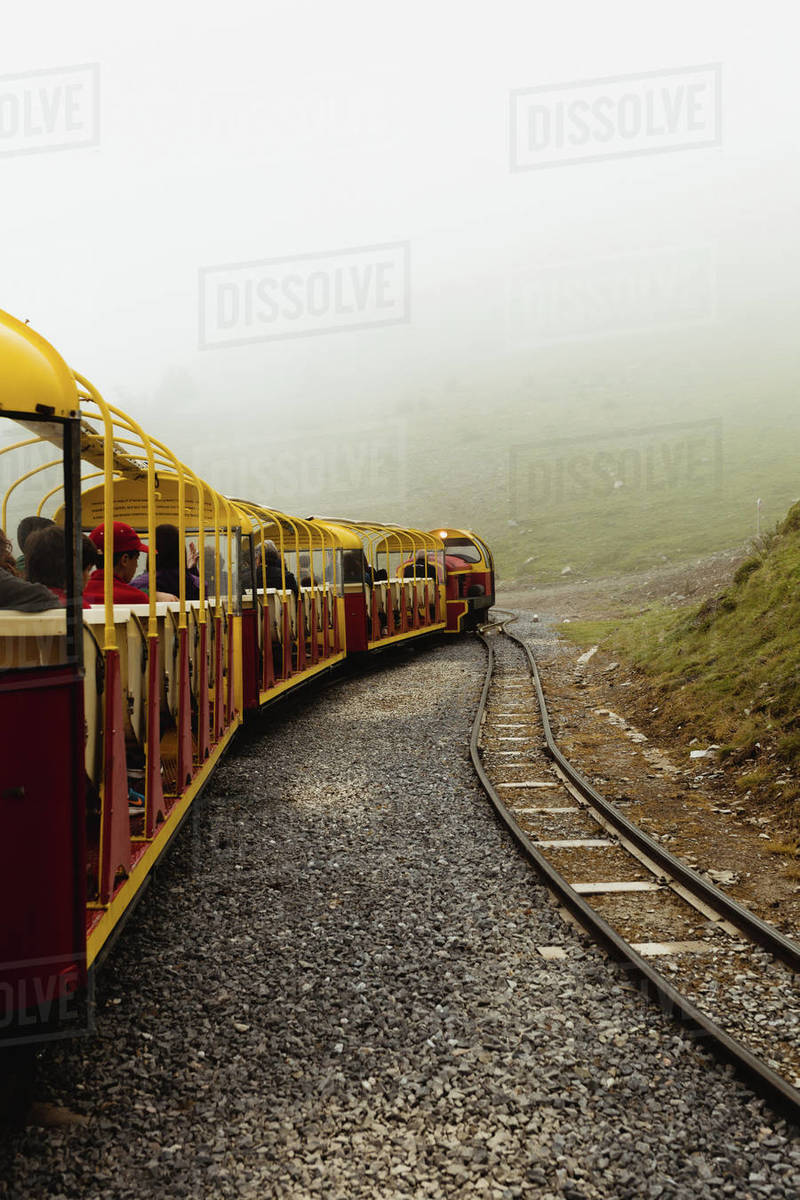 Small train riding on tourist railroad on misty day in amazing ...