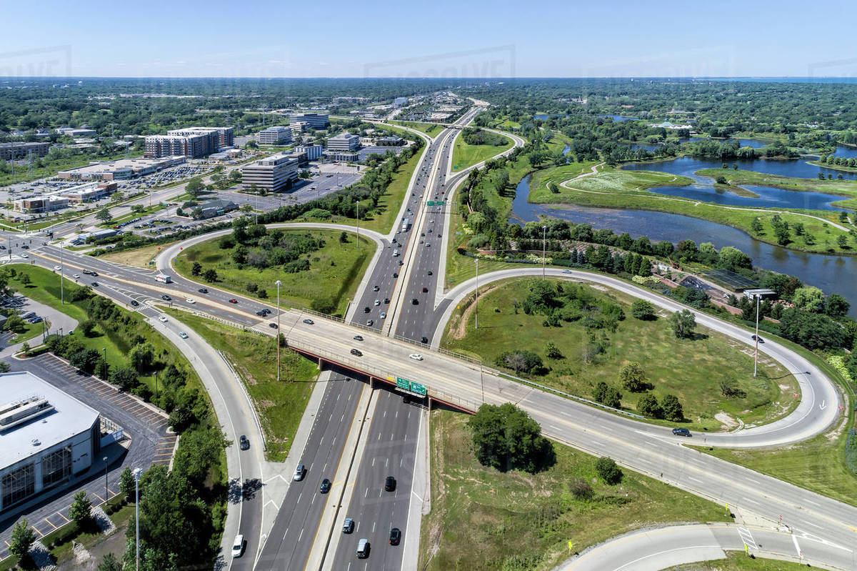 Aerial view of a highways, overpasses, ramps and buildings in the ...