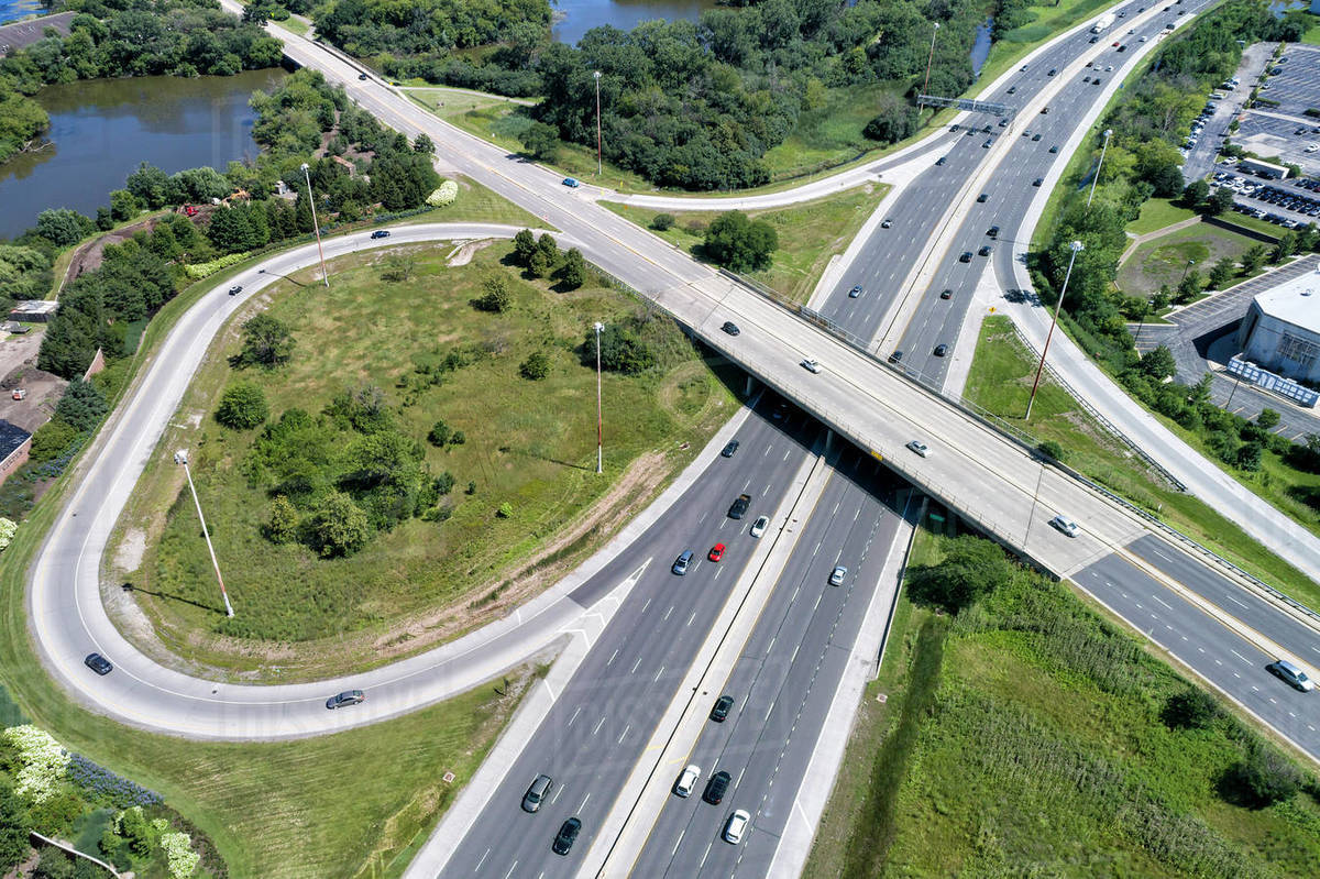 Overpass and ramp along a business corridor highway in the Chicago ...