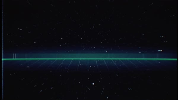 Retro 80s VHS tape video game intro on grid with sunrise and stars with ...