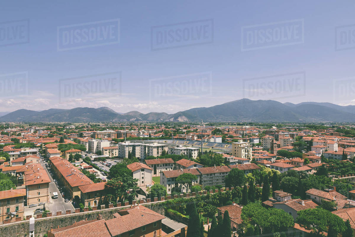 Panoramic view of Pisa city with historic buildings and far away ...