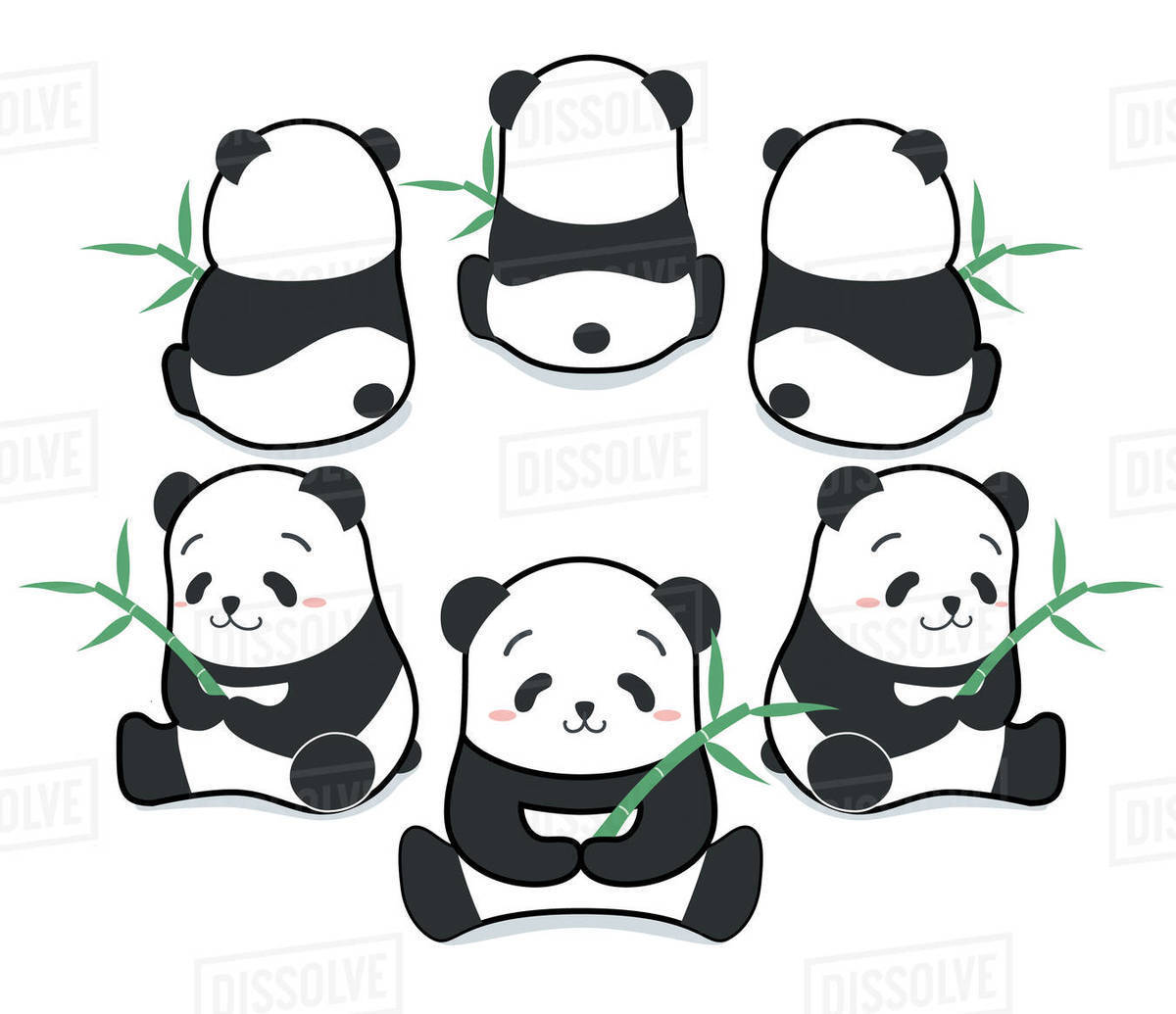 Cute funny cartoon style panda bear sitting in the circle with bamboo ...