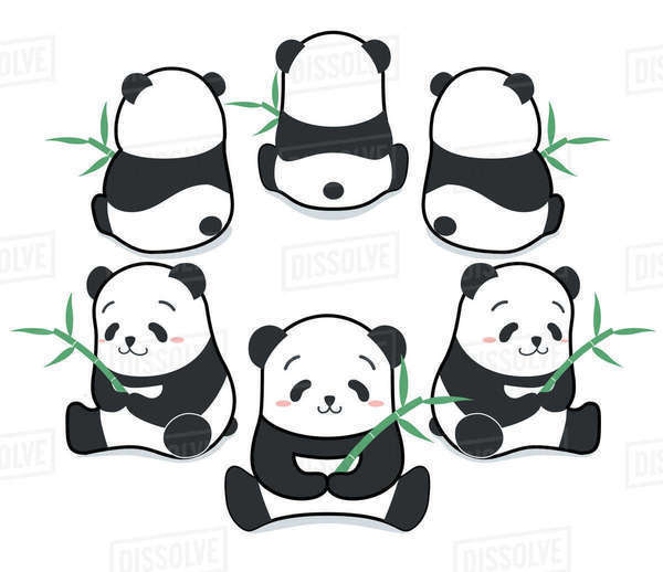 Cute funny cartoon style panda bear sitting in the circle with bamboo ...