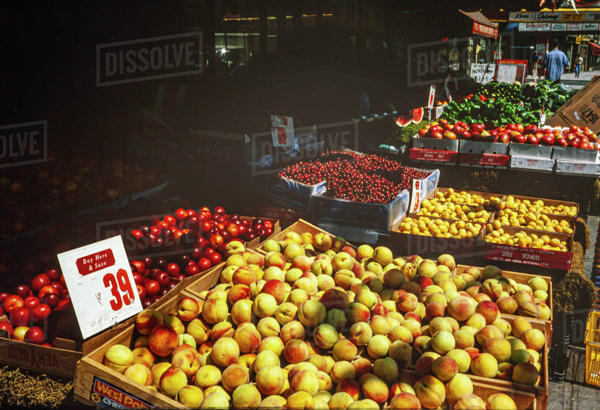 NEW YORK, UNITED STATES MAY 1970: Vegetable market scenes in 70's ...