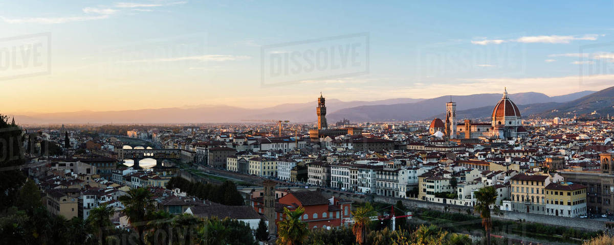 View over Florence at sunset, seen from Piazzale Michelangelo Hill ...