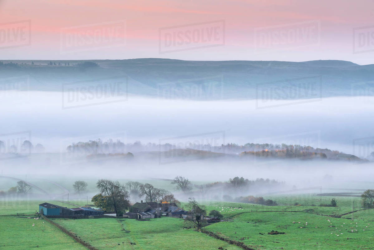 Mist rising over East Halton and Embsay in Lower Wharfedale, North ...