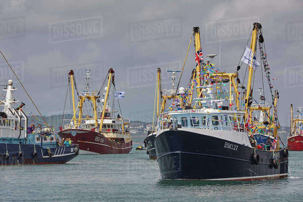 Trawlers in the annual trawler race, off Brixham, in Torbay, Devon ...