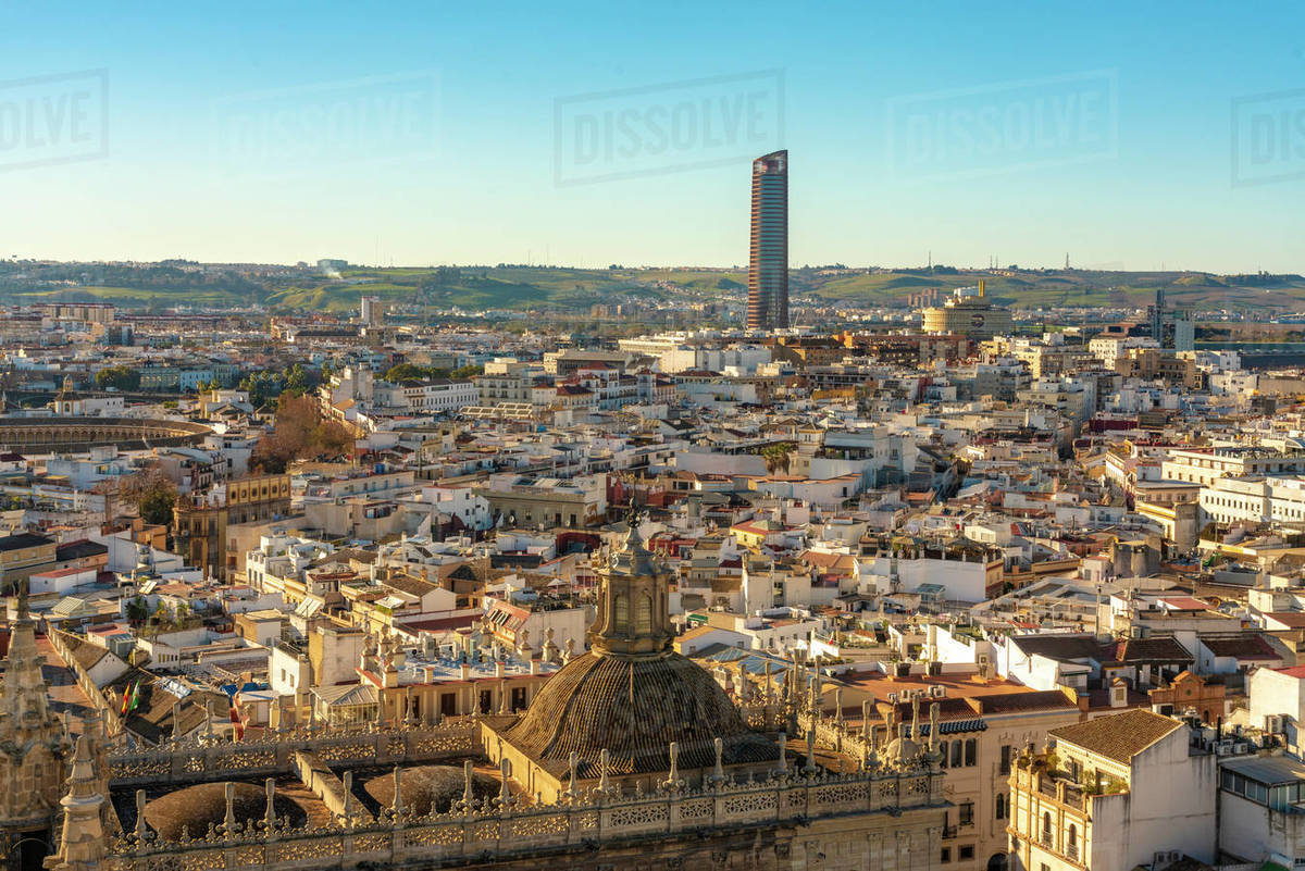 View of the historic center of Seville with Torre Sevilla (Tower of ...