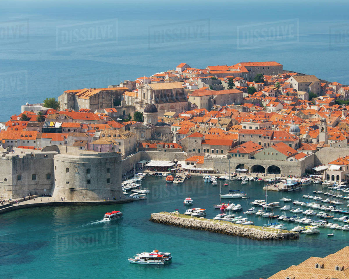 View over the Old Town (Stari Grad), from hillside above the Adriatic ...