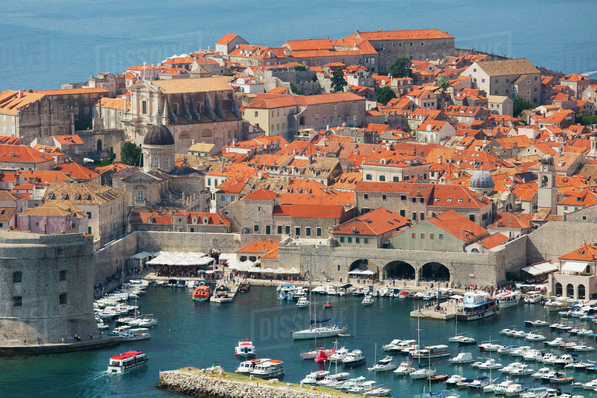 View over the Old Town (Stari Grad), from hillside above the Adriatic ...