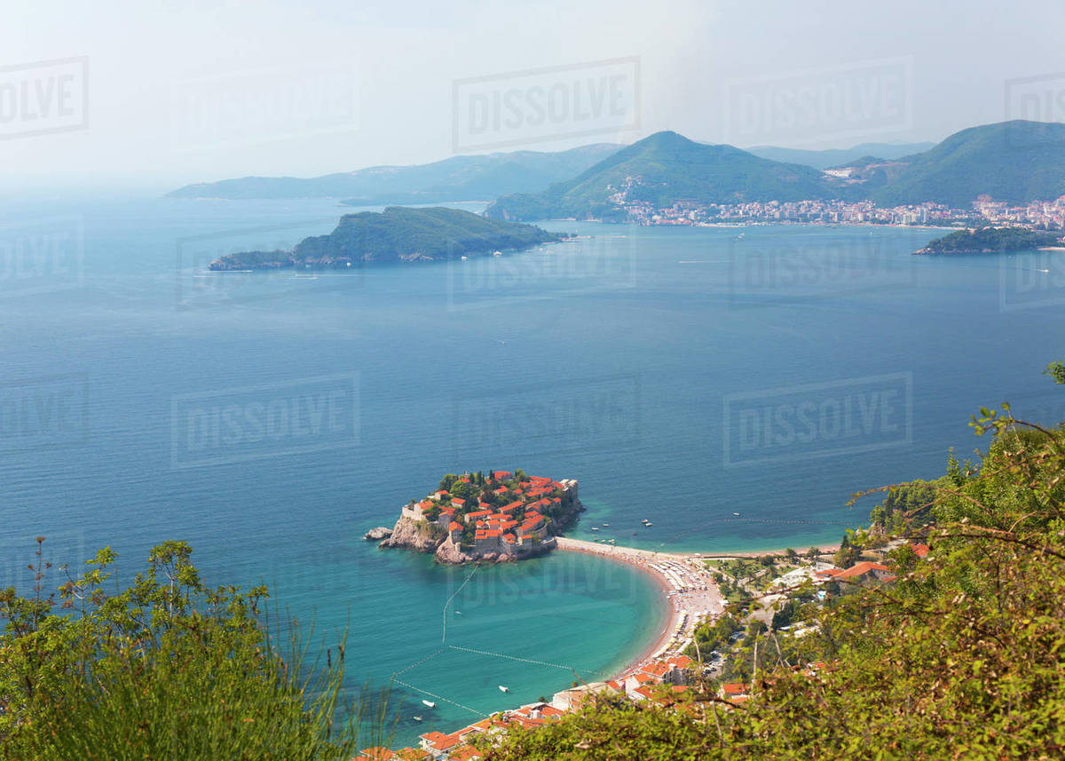 High angle view from hillside over Budva Bay and the exclusive island ...