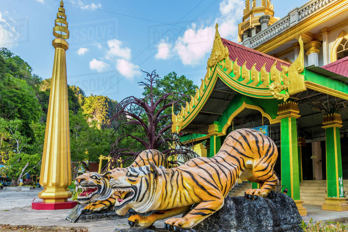 Tiger statues at the Tiger Cave Temple in Krabi, Thailand, Southeast ...