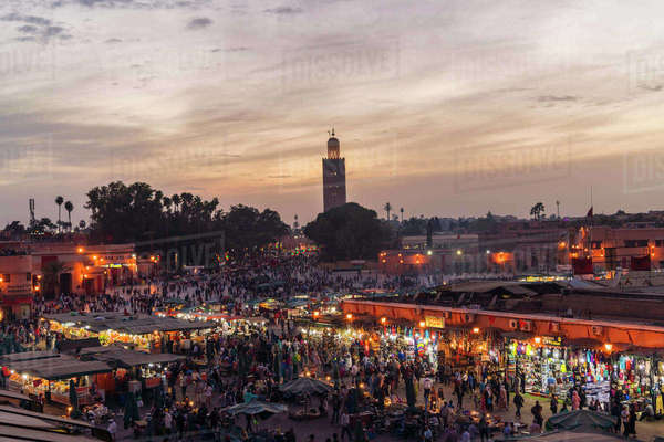 Jemaa el-Fnaa at sunset, bustling market square, UNESCO World Heritage ...