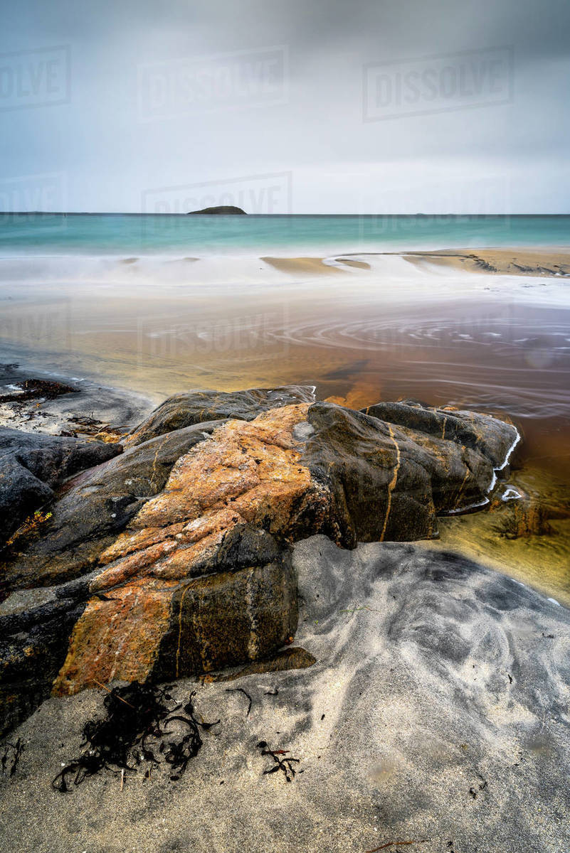 Rock formation and sandy beach, Sandvika, Senja, Norway, Scandinavia ...