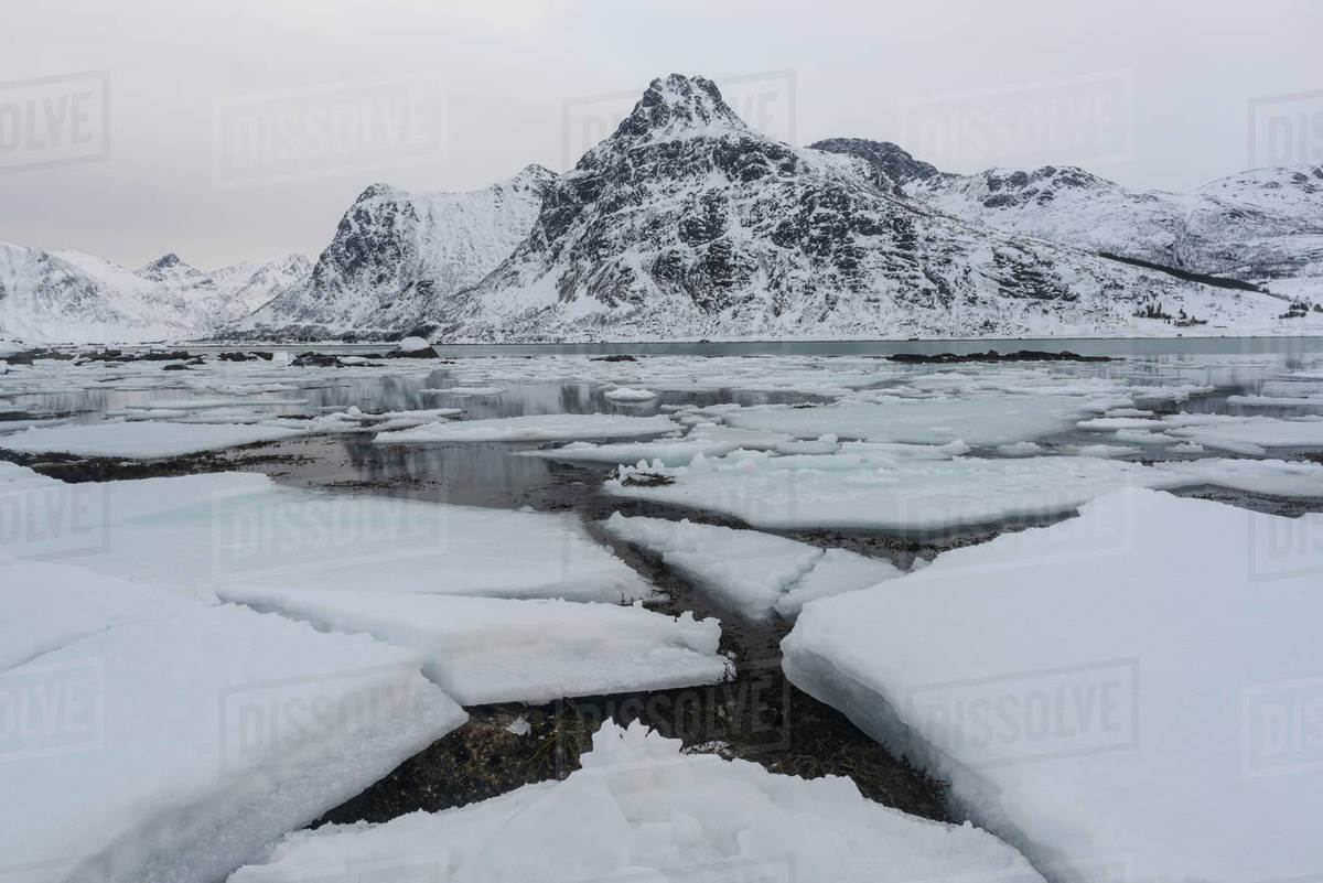 Cracked ice and snow covered mountains, Lofoten Islands, Nordland ...