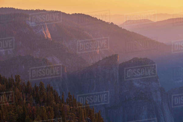 Sunset over Cathedral Peaks and Yosemite Valley, from Sentinel Dome ...