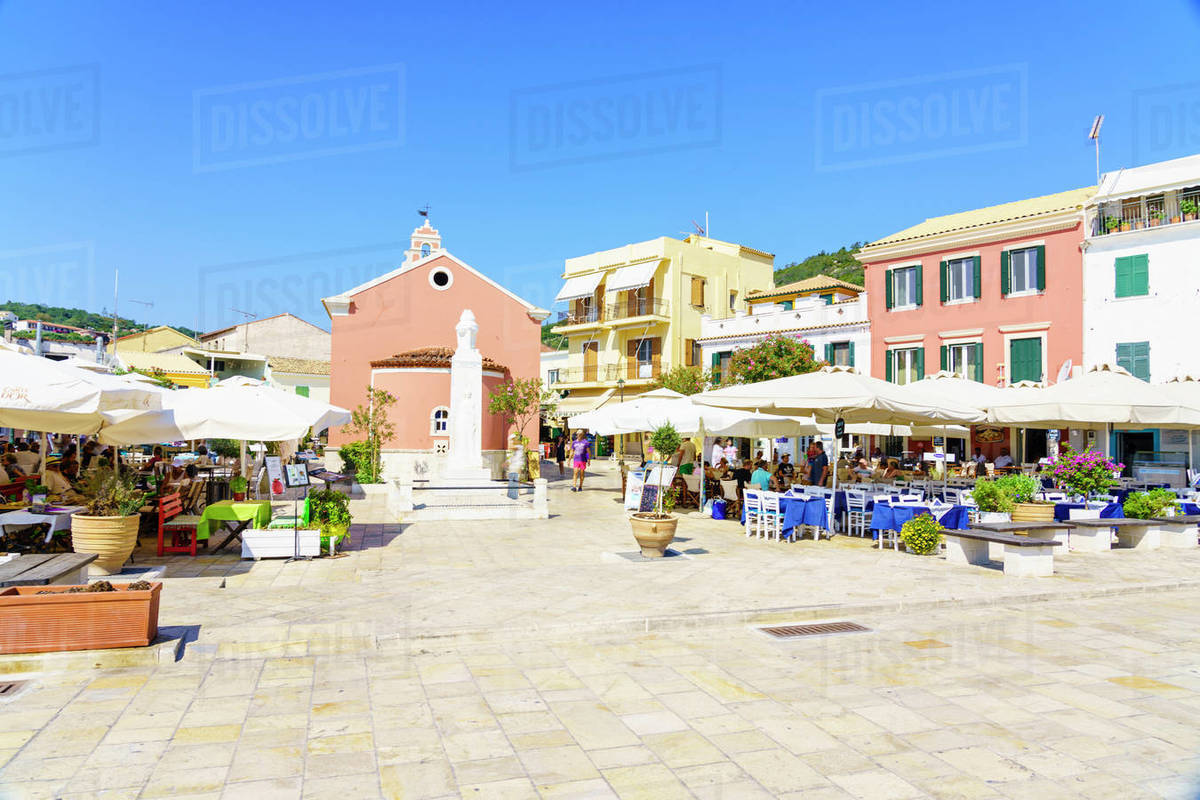 The pretty town of Gaios, the main port and harbour on the island ...