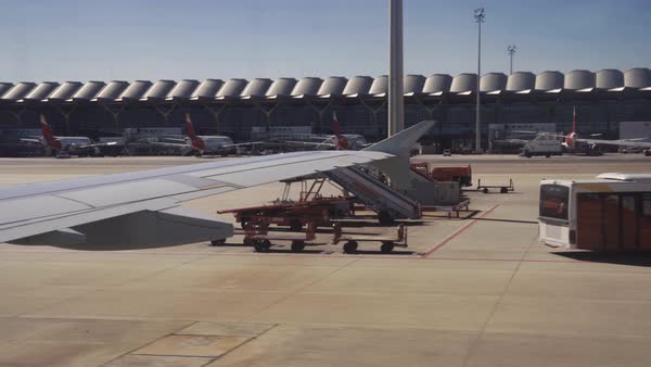 View from aeroplane landing taken out of airplane window, Madrid, Spain ...