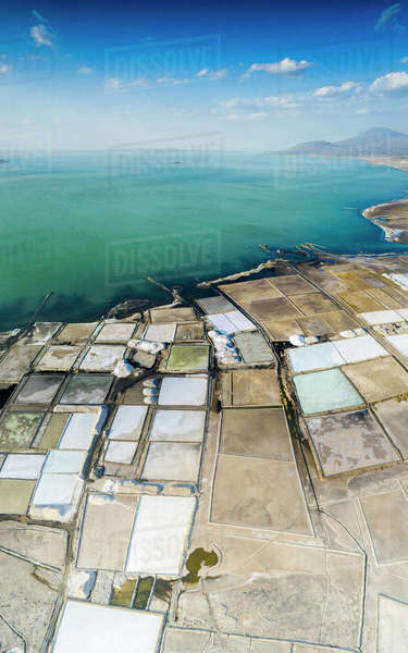 Aerial panoramic of Lake Afrera (Lake Afdera) and salt flats, Danakil ...