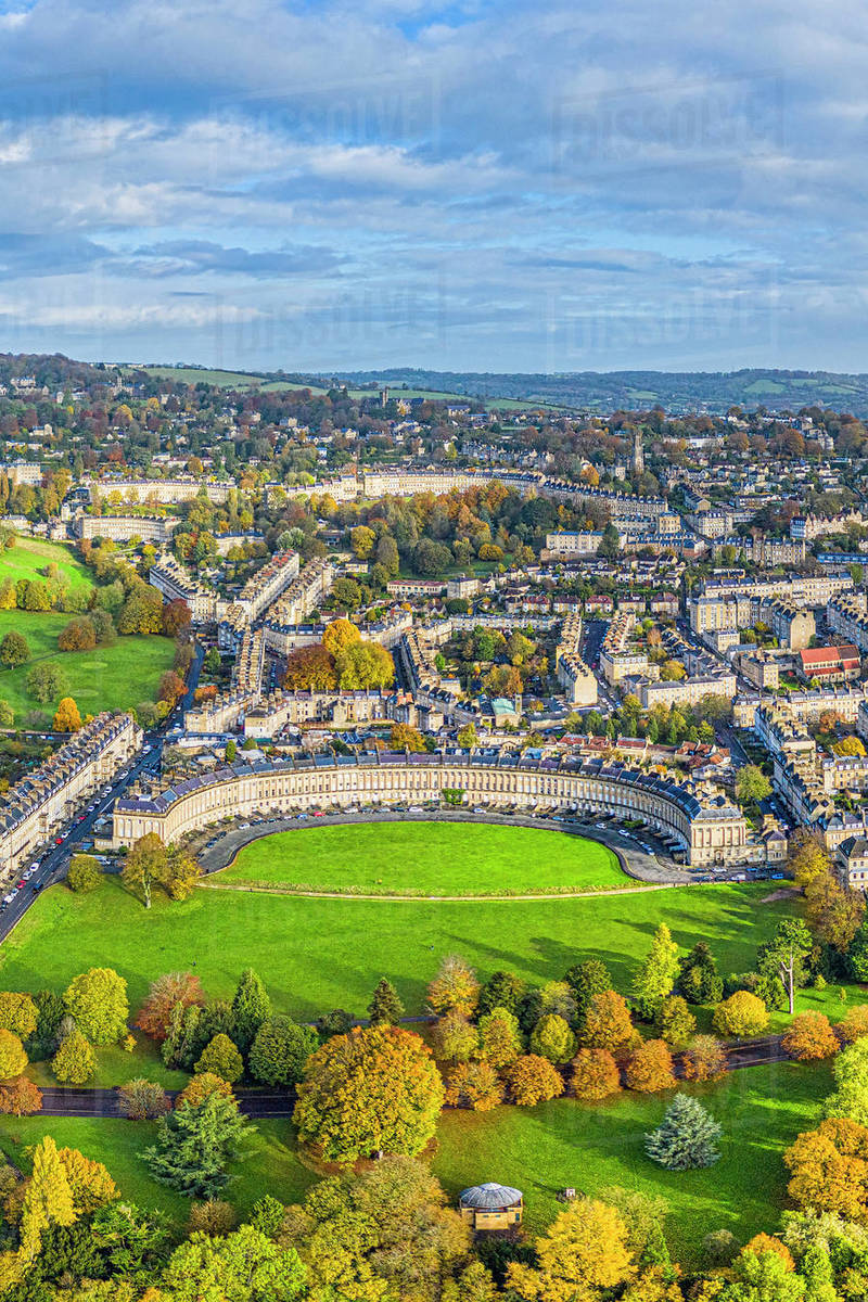 Aerial view by drone over the Georgian city of Bath, Royal Victoria ...