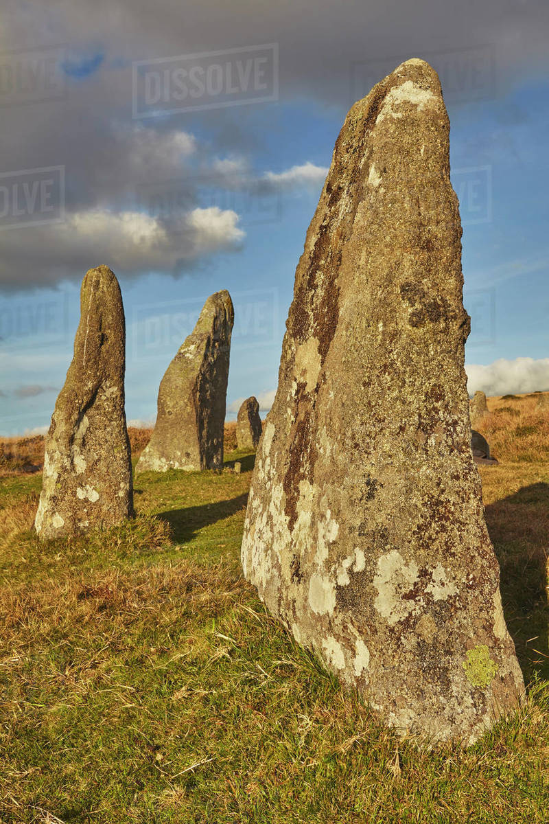 Ancient prehistoric standing stones in a stone circle, Scorhill Stone ...