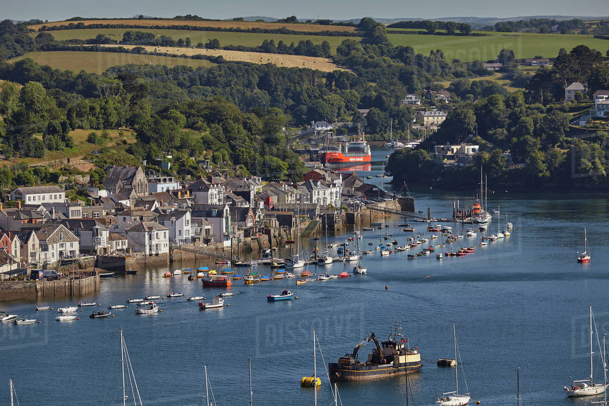 A view of Fowey beside the estuary of the Fowey River, seen from ...
