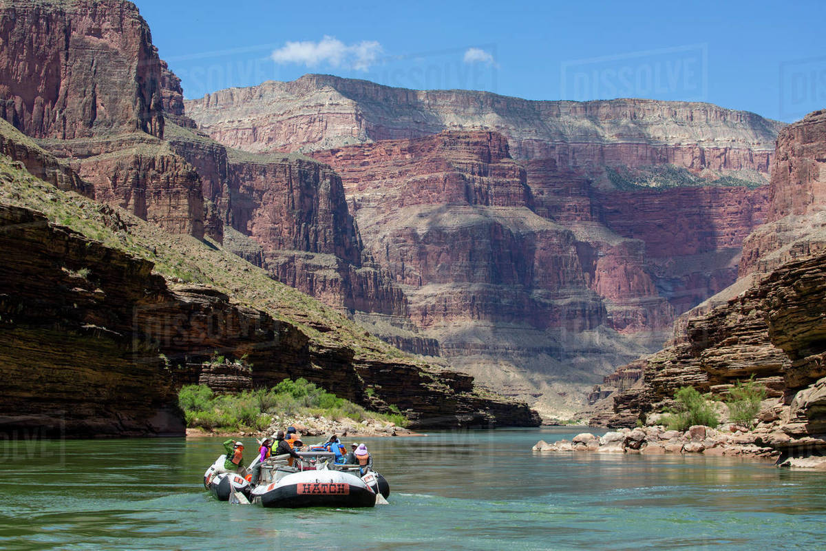 Floating in a raft on the Colorado River, Grand Canyon National Park ...