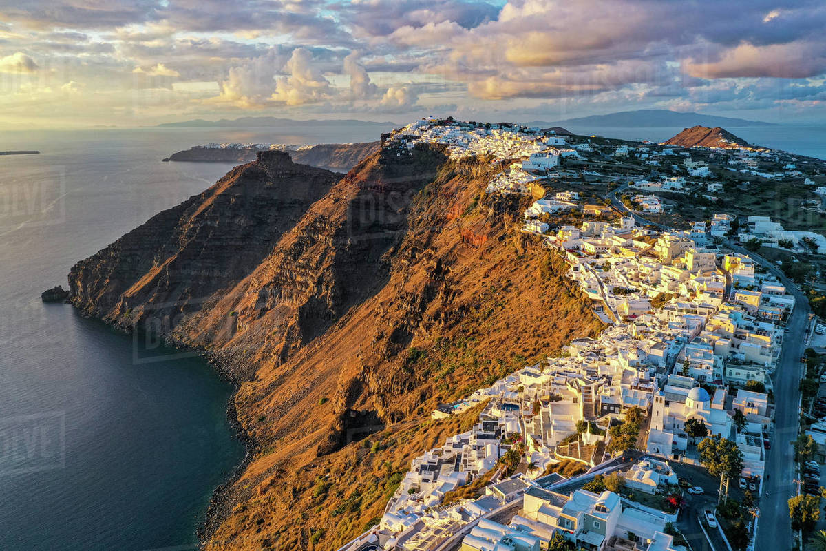 Aerial of Fira at sunset, Santorini, Cyclades, Greek Islands, Greece ...