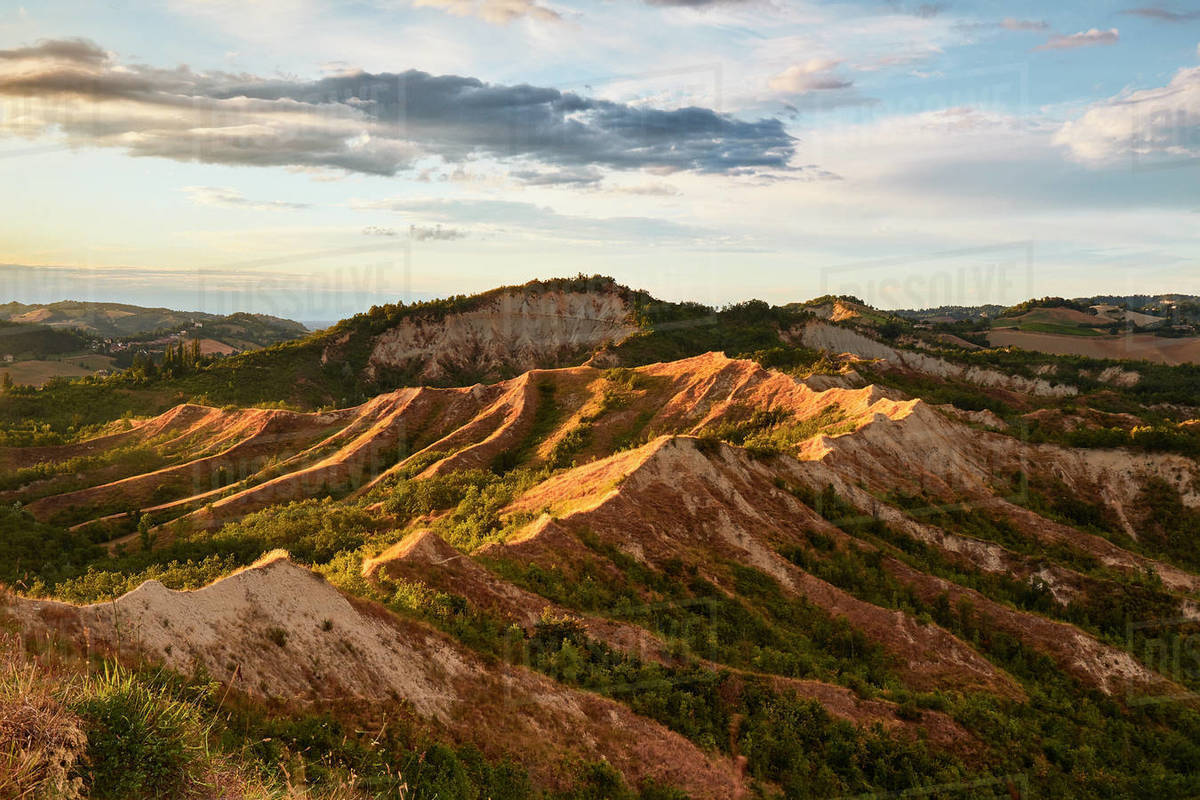 Sunset light on the Italian badlands named Calanchi, Emilia Romagna ...